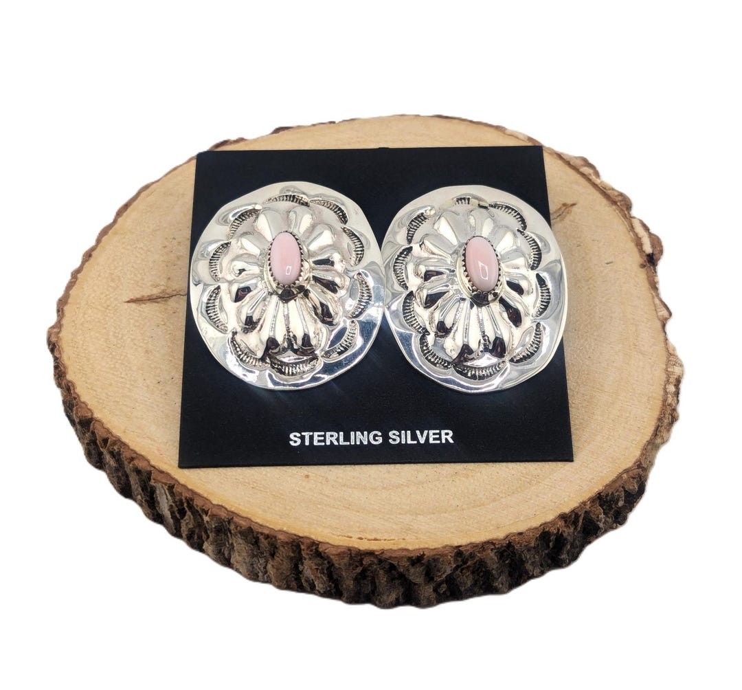 Native American Concho Stud Earrings, Pink Conch Shell Navajo Handmade ...
