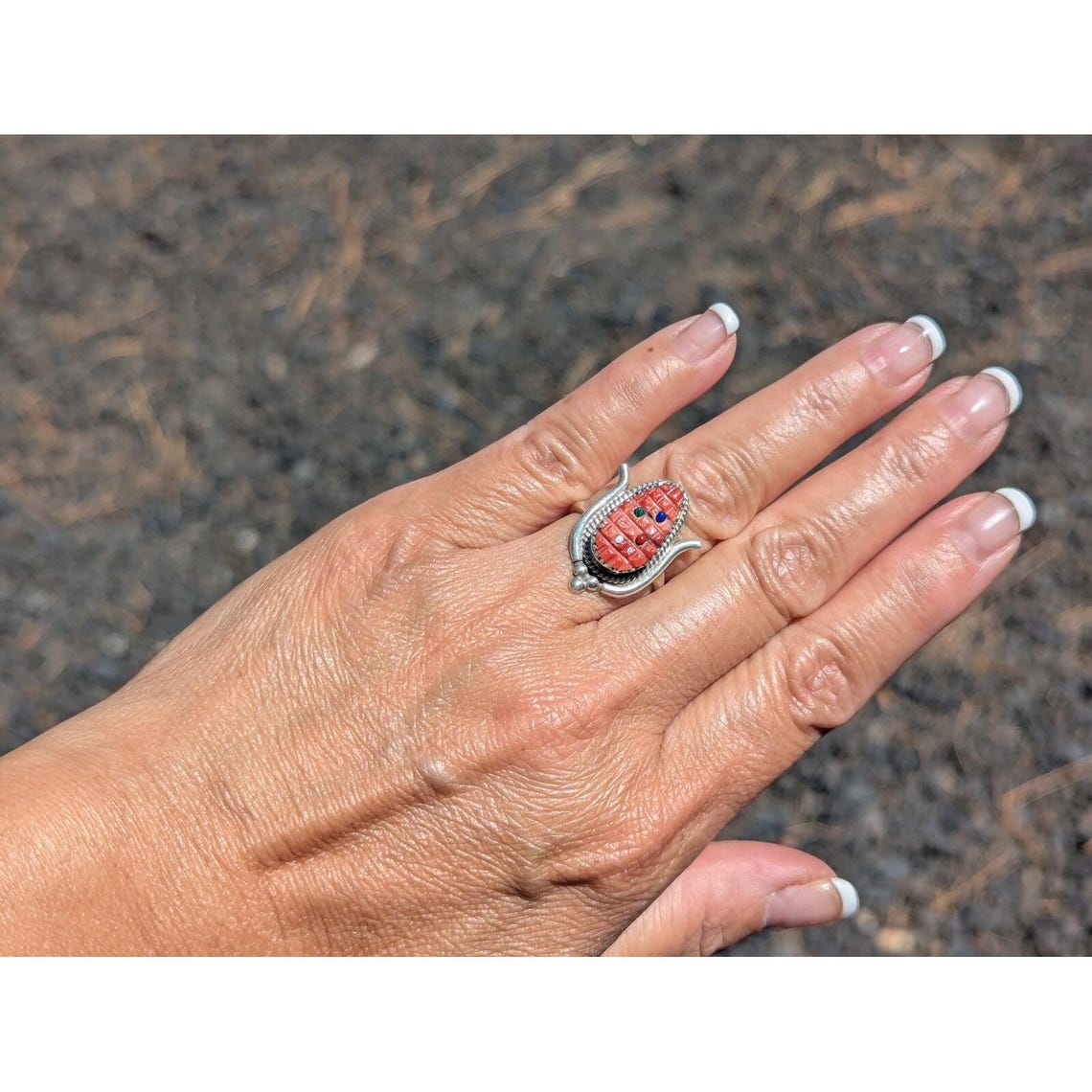 Zuni Corn Ring Red Spiny Oyster Sterling Silver Native Am Jewelry Sz 6 ...