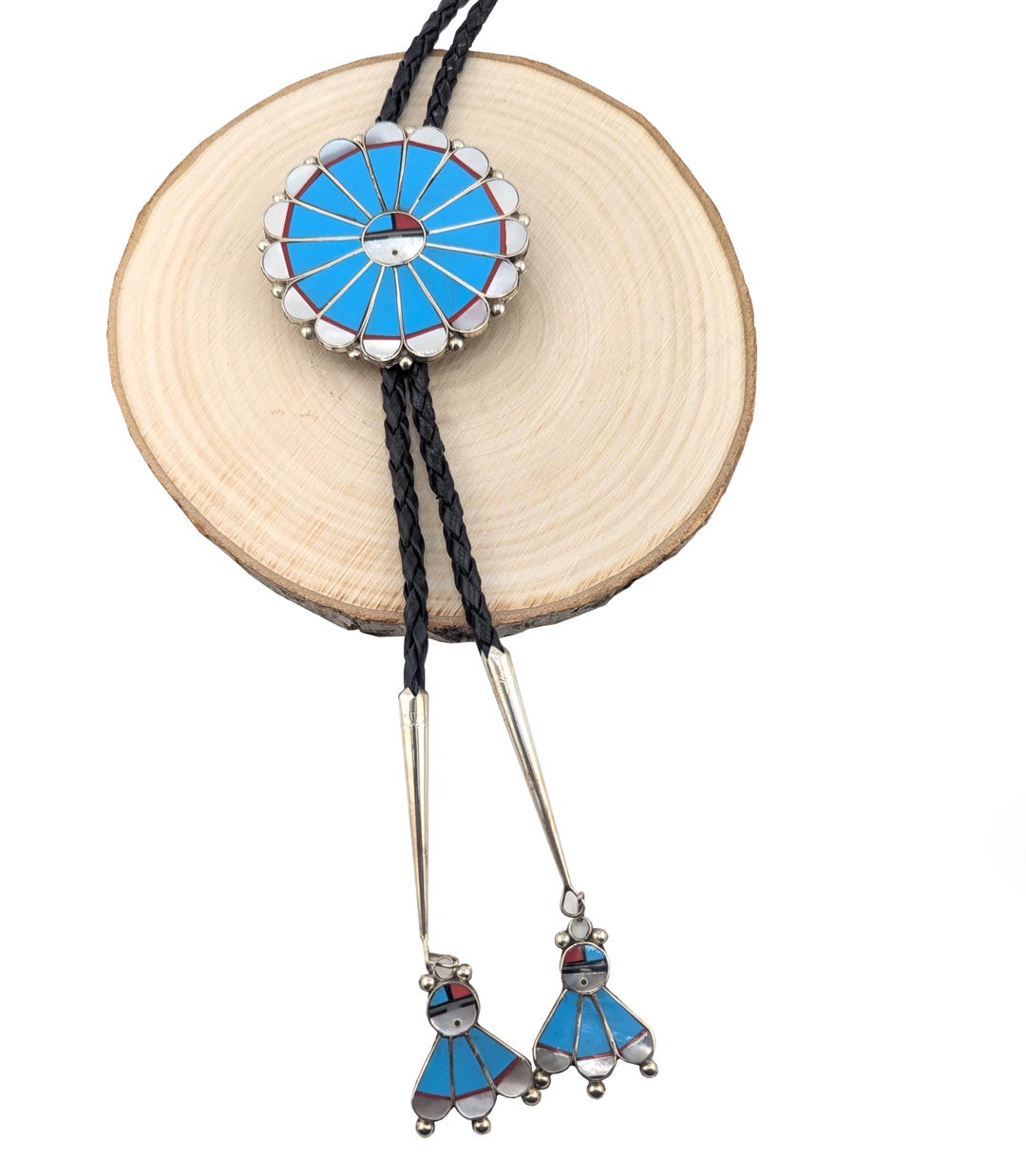 Handcrafted Zuni Sun Face Inlay Bolo Tie Native American Leather ...