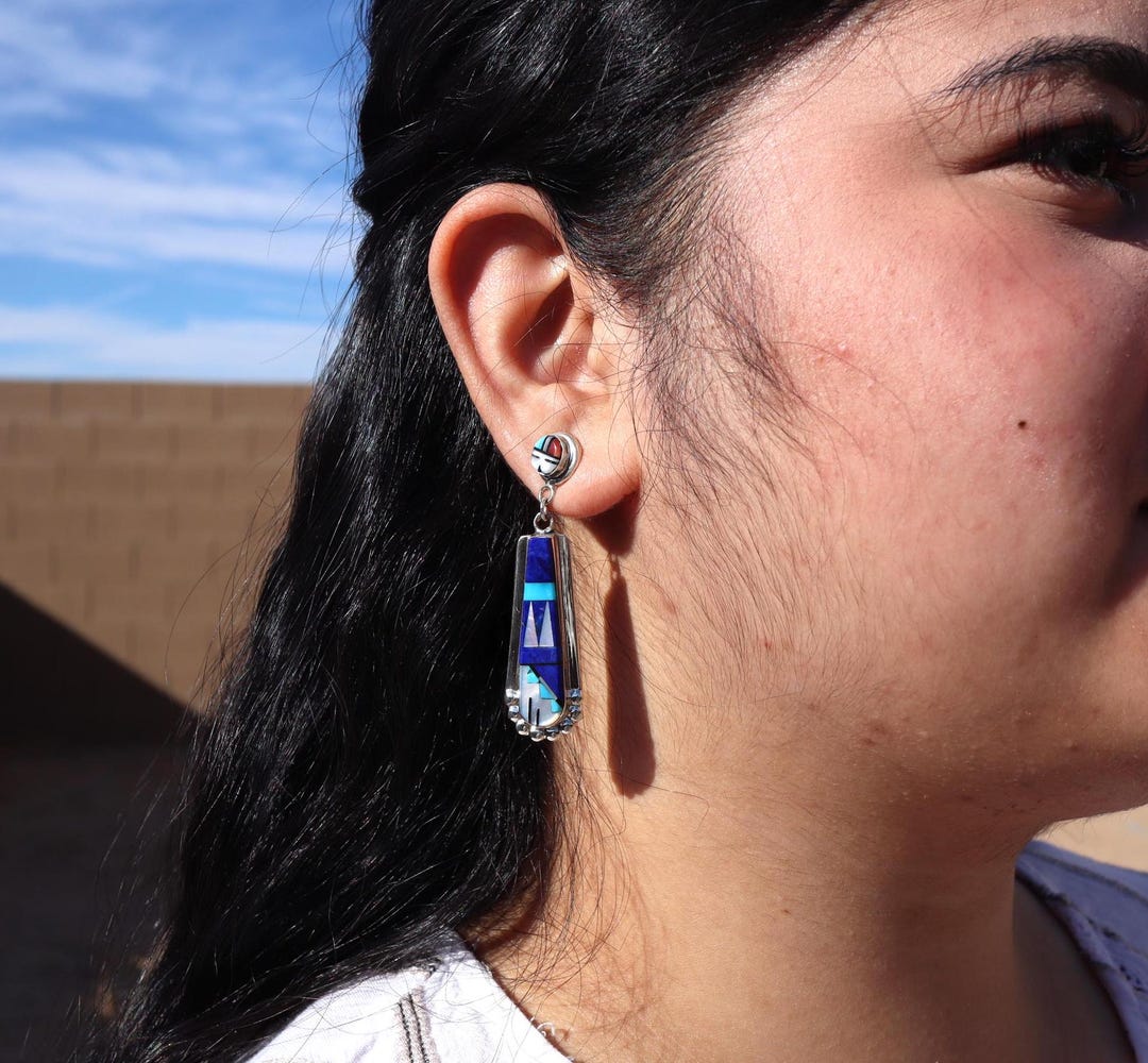 Native American Sun Face Dangle Earrings Inlay Zuni Handmade Sterling ...