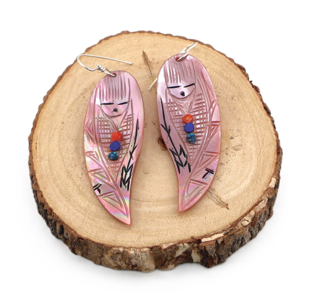 Authentic Zuni Corn Maiden Pink Shell Kachina Dangle Earrings ...