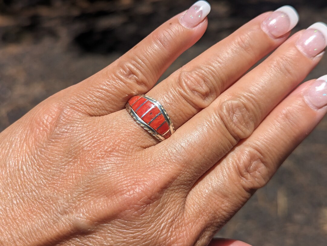 Zuni Raised Coral Inlay Band Ring Native American Jewelry Signed ...