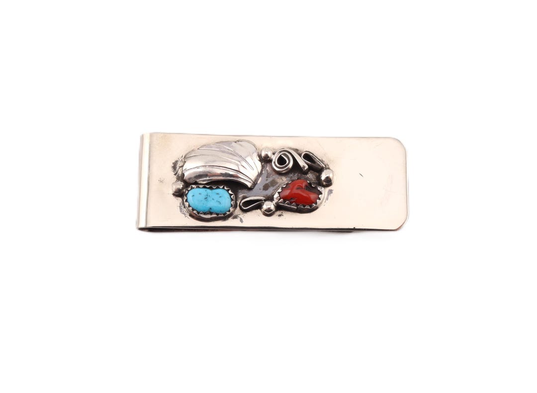 Native American Money Clip Sterling Silver - Turquoise and Coral Stones ...
