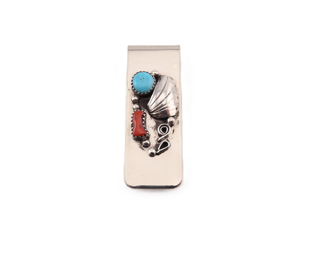 Navajo Sterling Silver Money Clip - Turquoise and Coral Stones ...