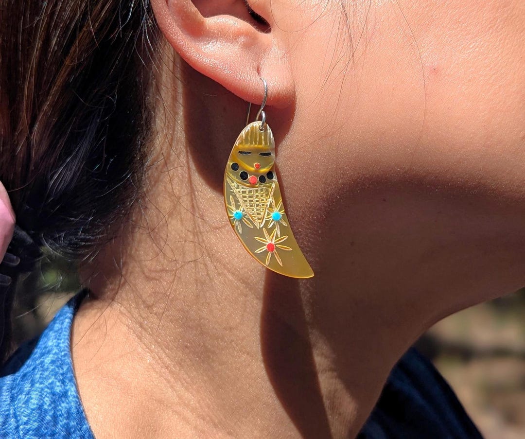 Genuine Zuni Corn Maiden Yellow Shell Kachina Dangle Earrings Southwest ...