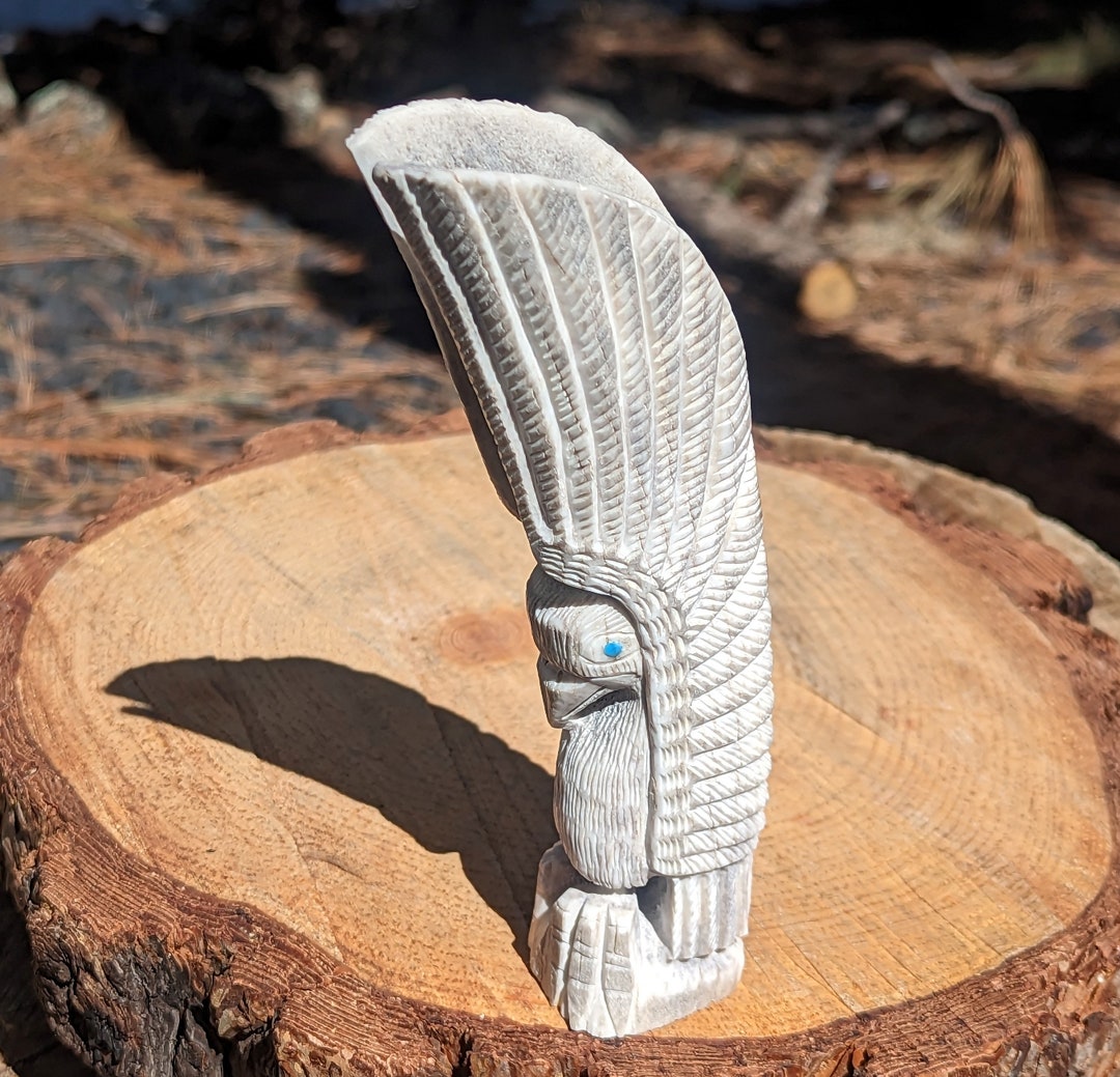 Zuni Animal Fetish Carving EAGLE Handmade W Elk Antler Signed Zuni ...