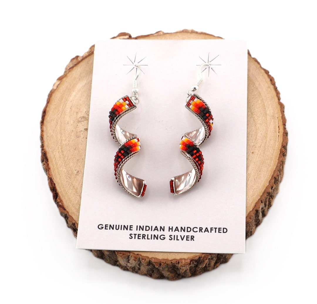 Authentic Native American Spiral Beaded Dangle Earrings Sterling Silver ...