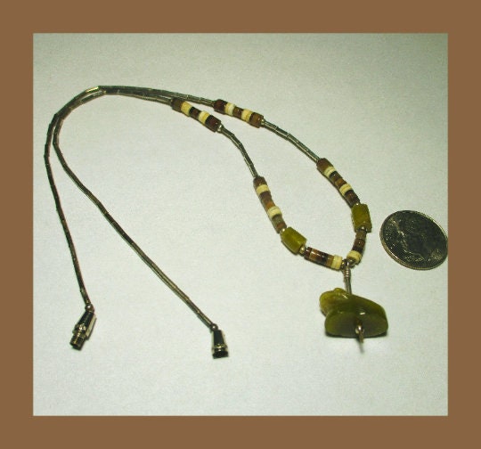 SERPENTINE JADE FROG Necklace Pen & Melon Shell Heishi Liquid Silver ...