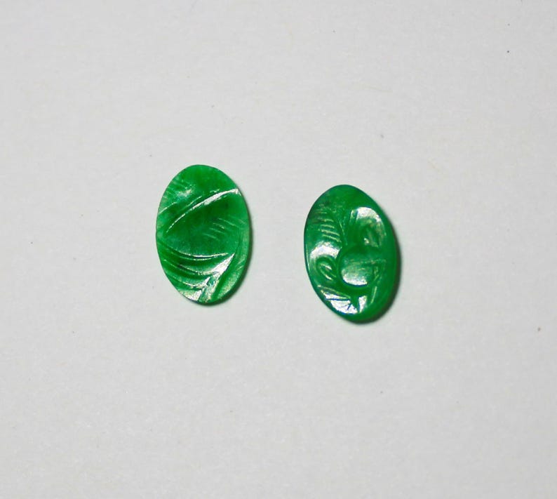 BURMA JADEITE JADE – Pair of 11 X 7 Mm Oval Cabs - Hand Carved Designs ...