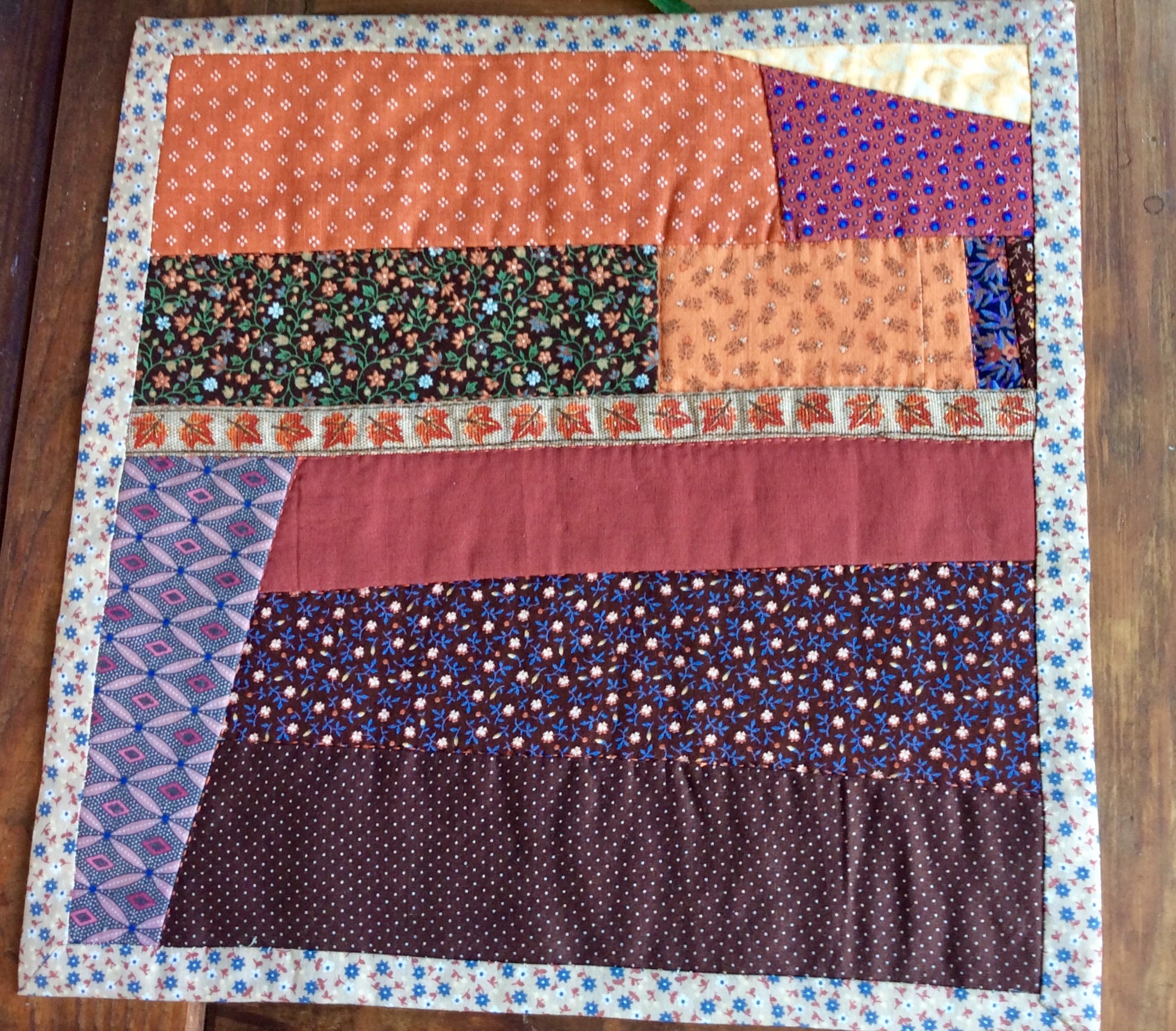Hand Quilted Patchwork Table Topper With Burnt Orange Calico, Perfect ...