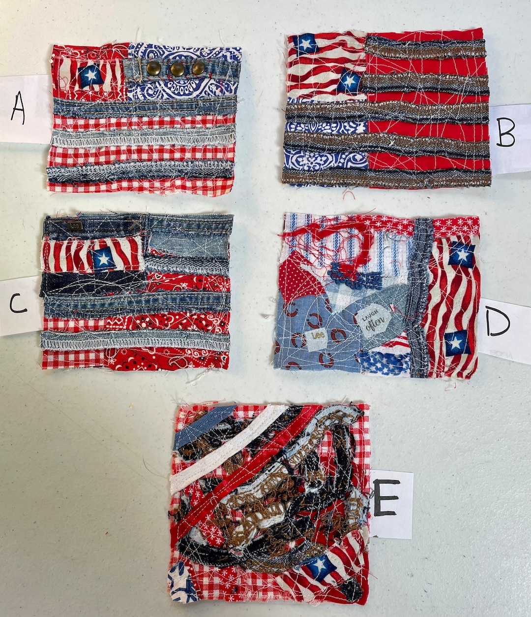Americana Mini Quilt, Patriotic Denim Collage, Red White Blue Textile ...
