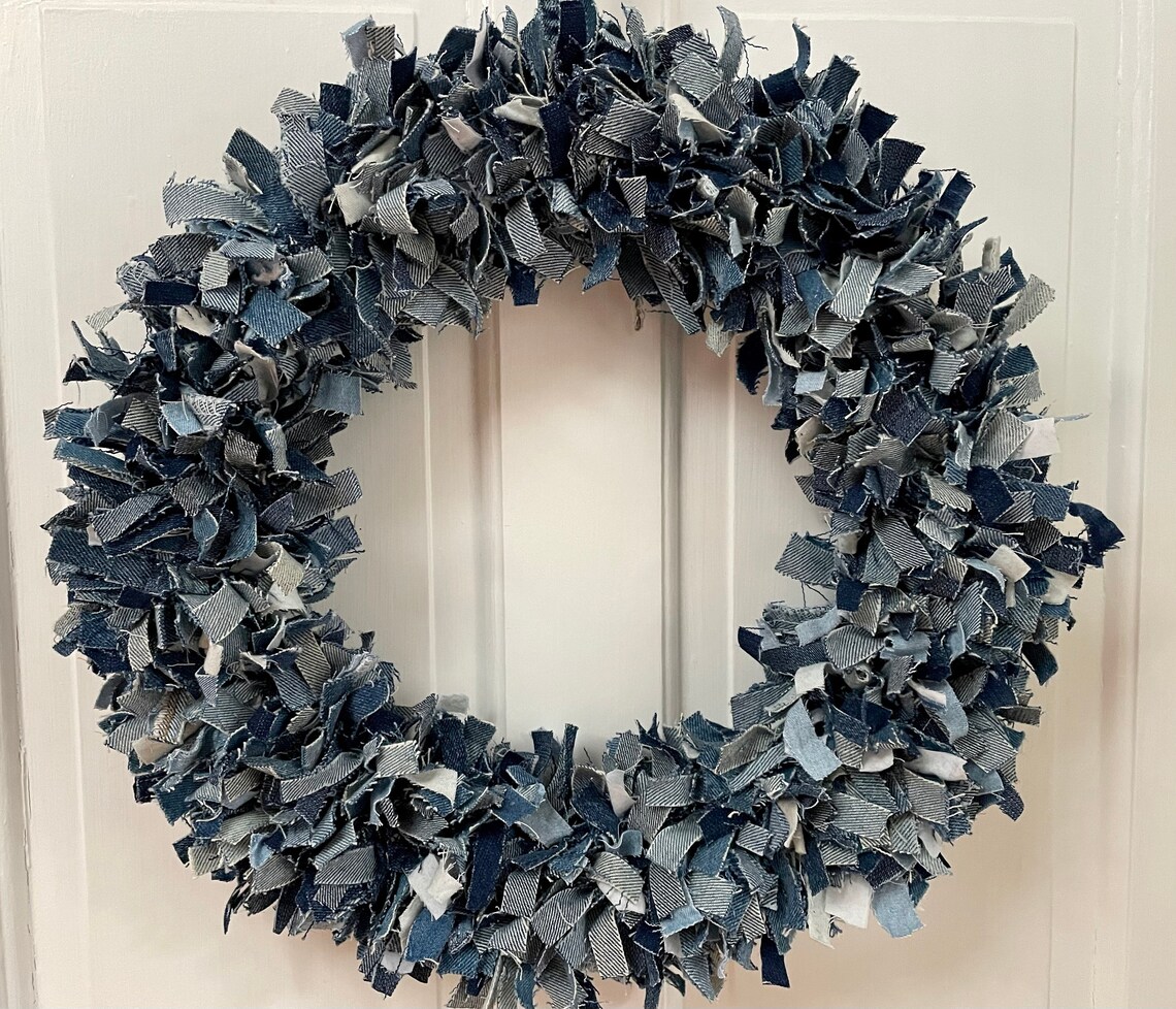 Rag Wreath of Recycled Denim Fabulous Fluffy Earth Friendly - Etsy