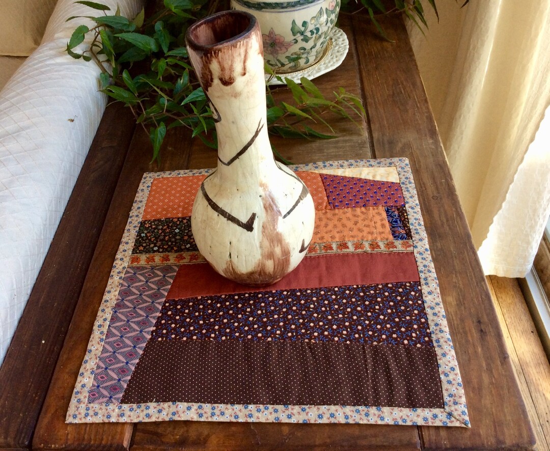 Hand Quilted Patchwork Table Topper With Burnt Orange Calico, Perfect ...