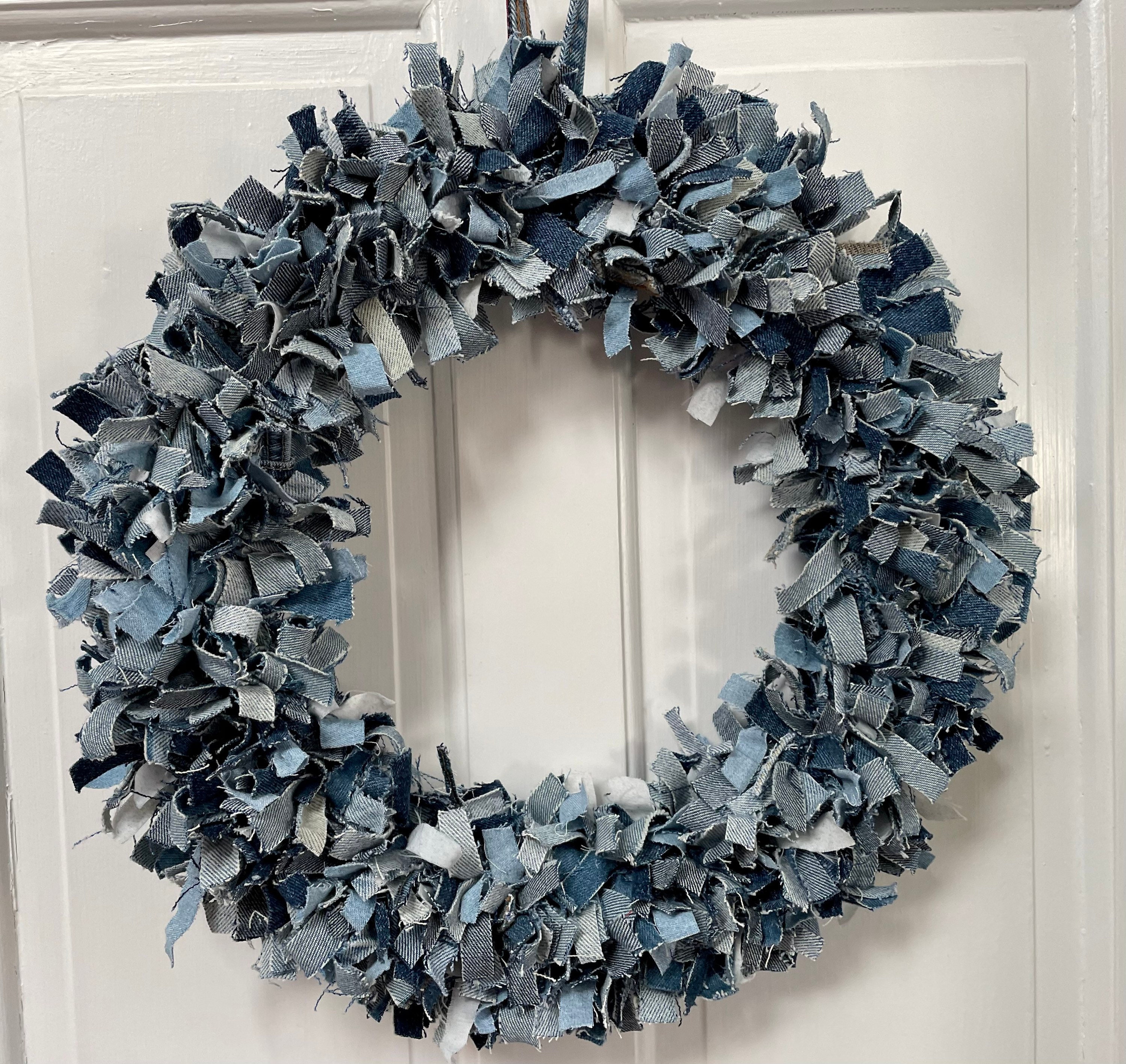 Denim Rag Wreath, Repurposed Jeans, Shabby Chic Decor - Etsy