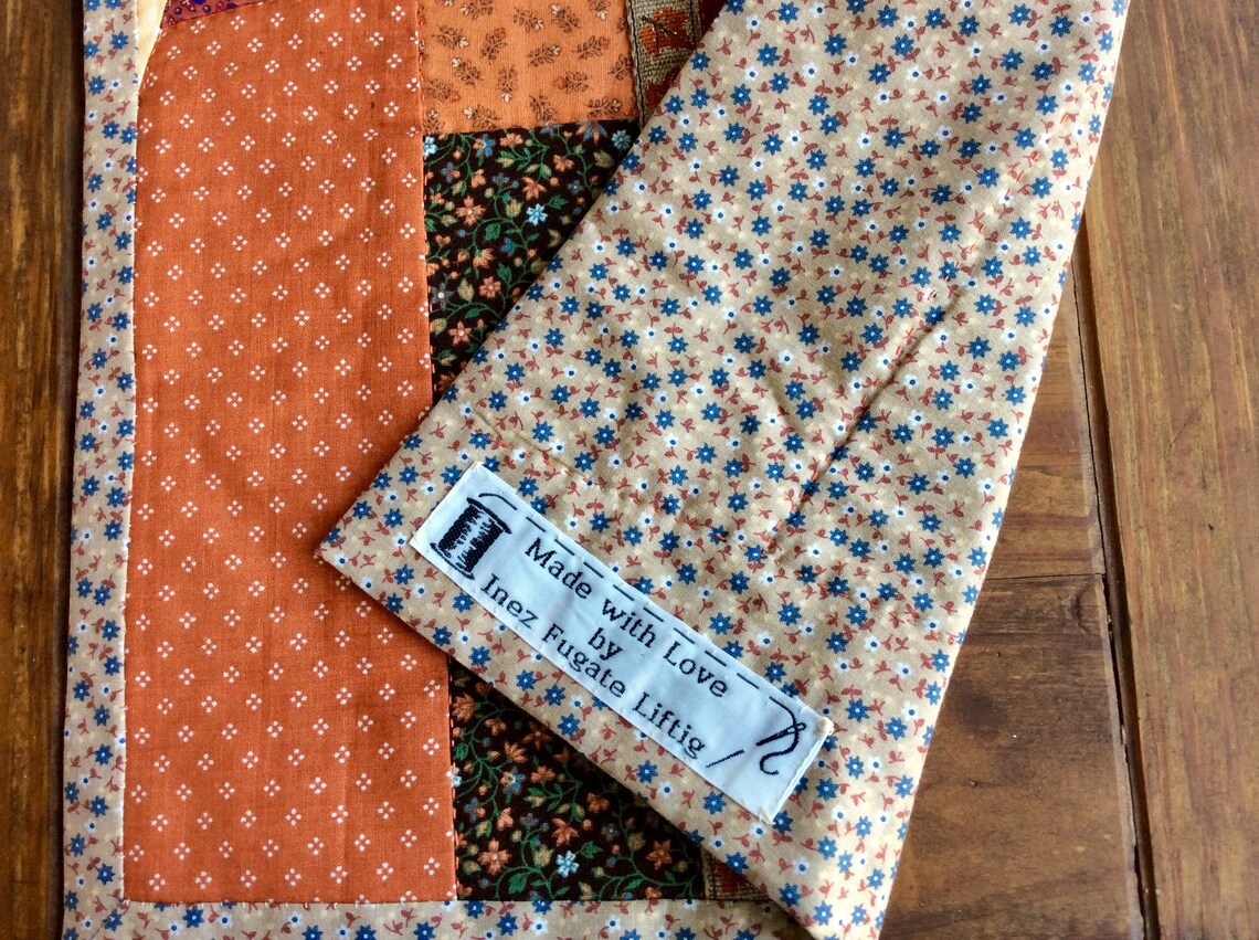 Hand Quilted Patchwork Table Topper With Burnt Orange Calico | Etsy