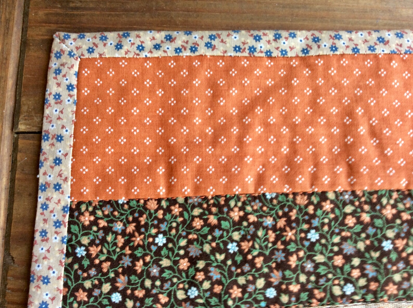 Hand Quilted Patchwork Table Topper With Burnt Orange Calico, Perfect ...