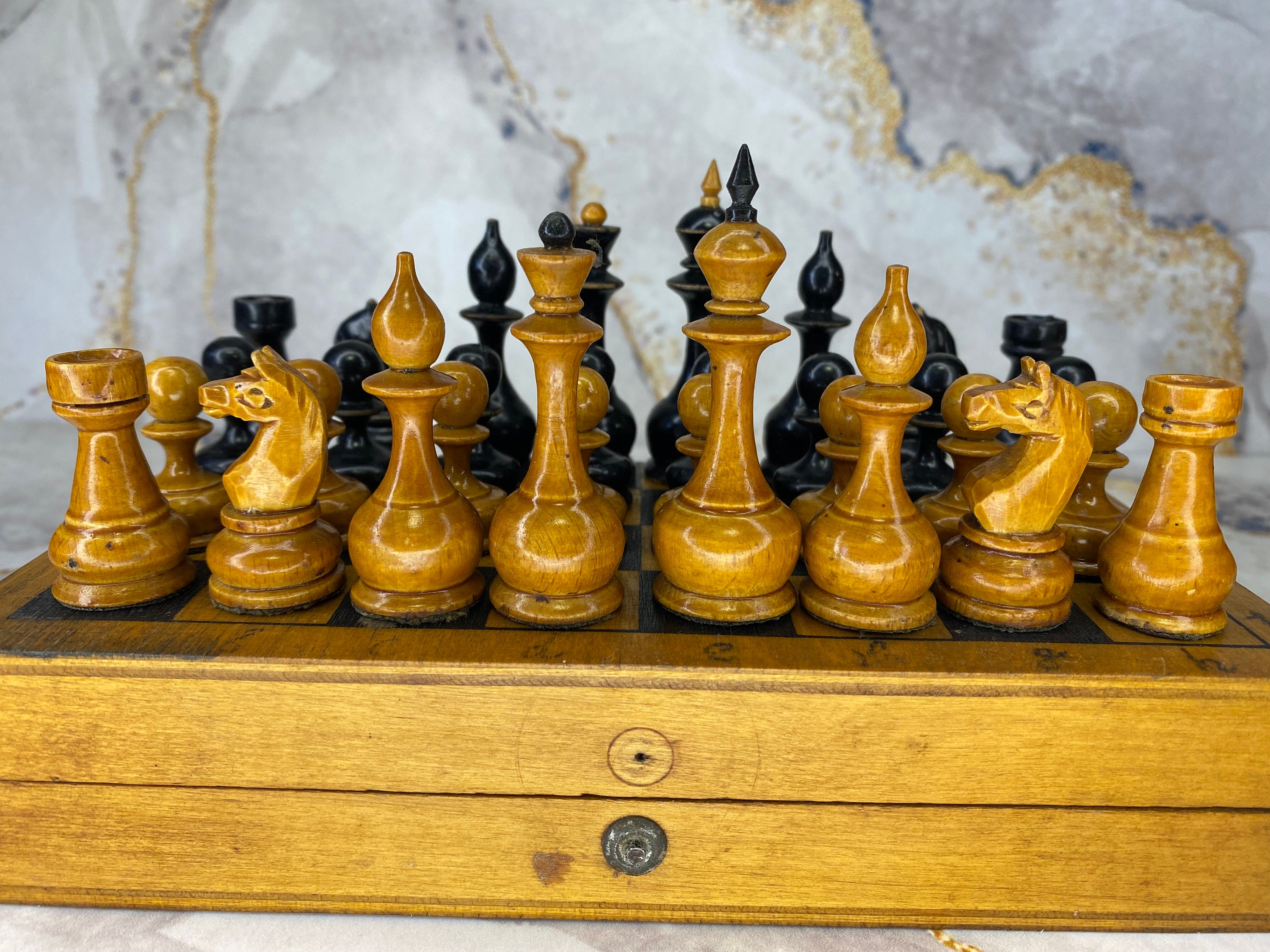 Soviet wooden miniature chess game board travel toy made | Etsy