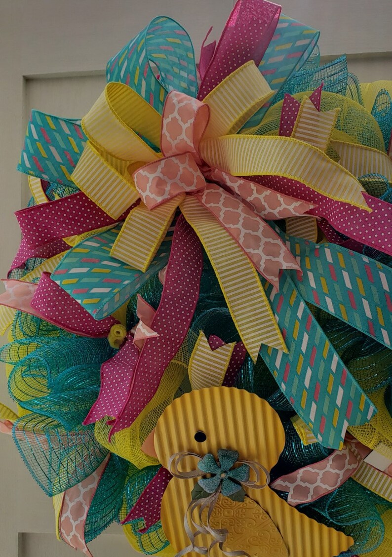 Chick Yellow Pink Teal Aqua Ribbons Designer Bow | Etsy