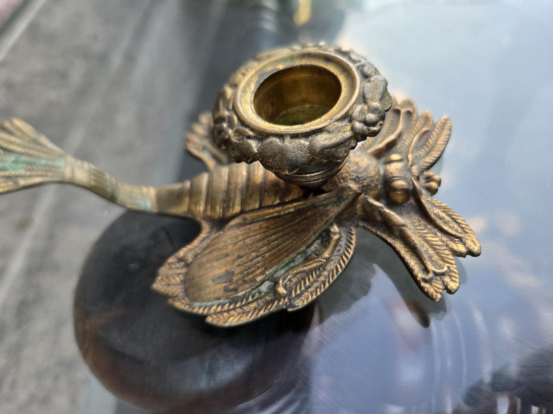 Art Deco Stylized Cast Bronze Candle Holder Dragonfly Fly Bees Insects ...