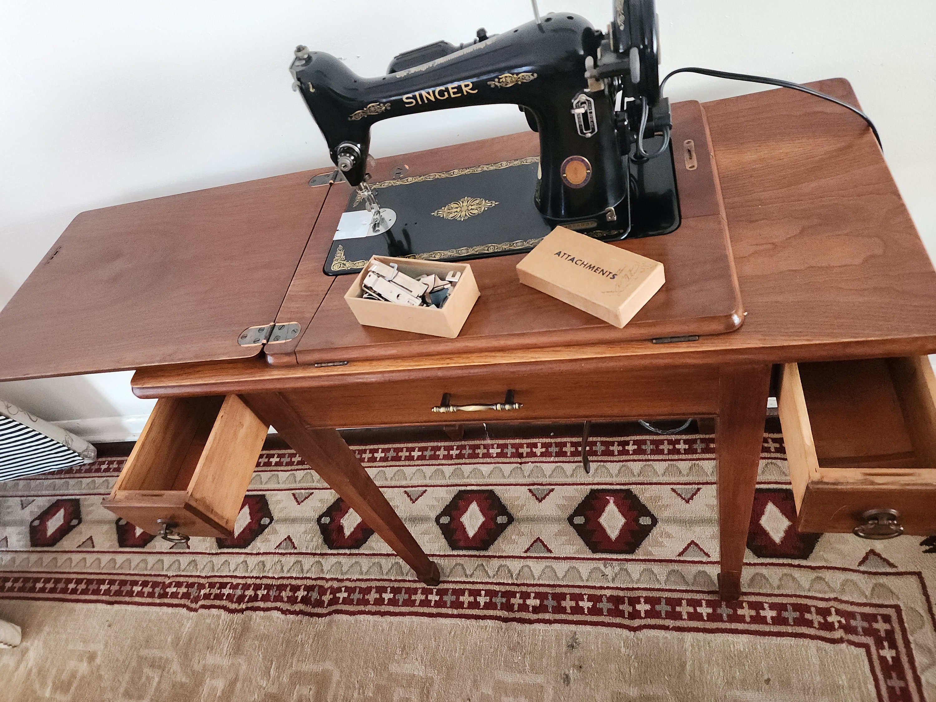 Singer Sewing Machine in Walnut Two Draw Cabinet 1950s With Chair AJ854 ...
