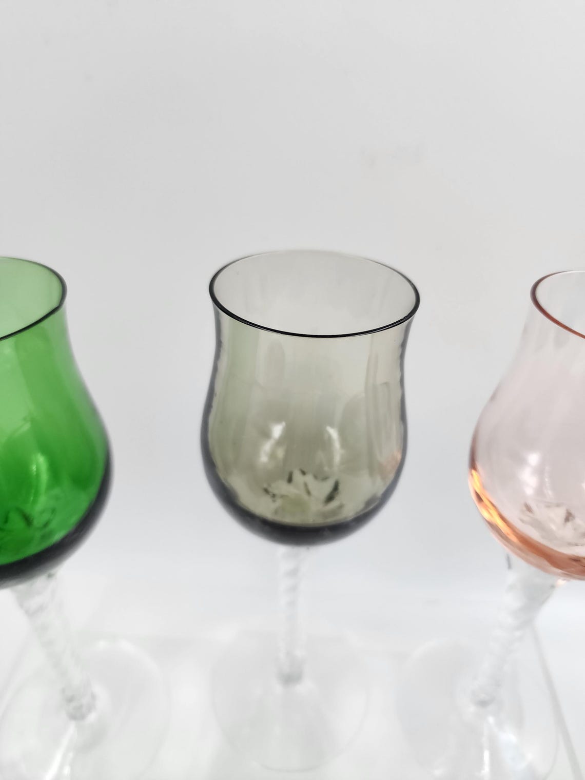 6 Vintage 1960s Wine Glass Multi Color Clear Twisted Stem Green Blue ...