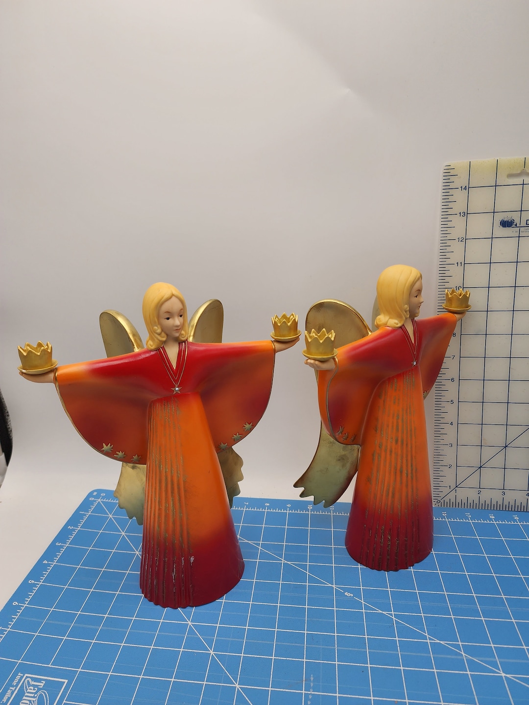 Pair of Goebel Mara Angel Porcelian Candle Holders Orange Gold Figures ...