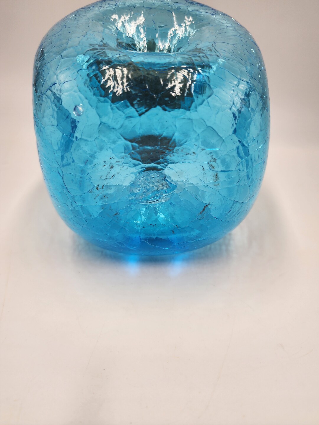 Blenko Art Glass American Crackel Glass Aqua Blue Jar Cork Lid 5"sq ...