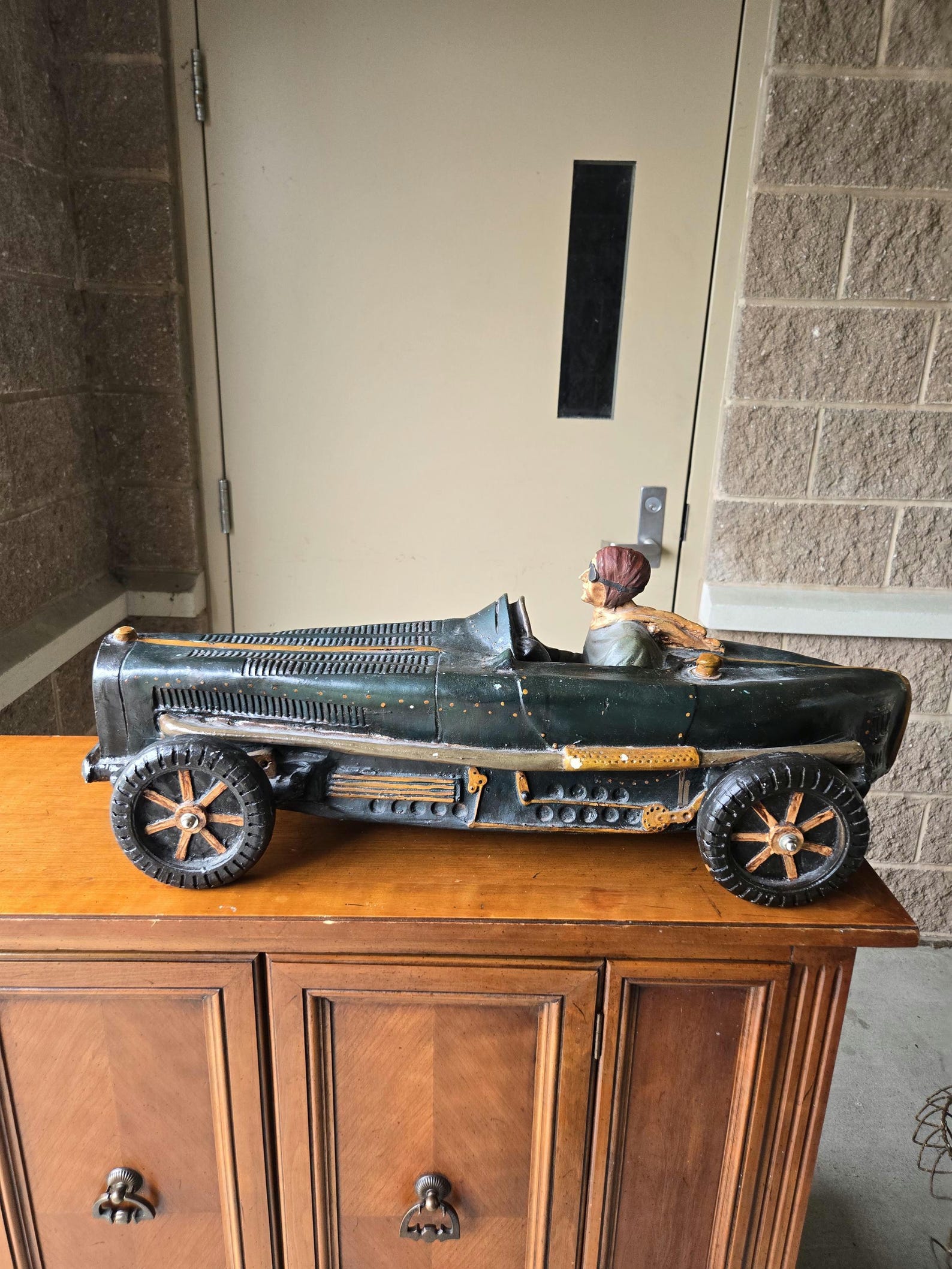 Large Vintage Folk Art Toy English Racer Race Car Resin Green Brown ...