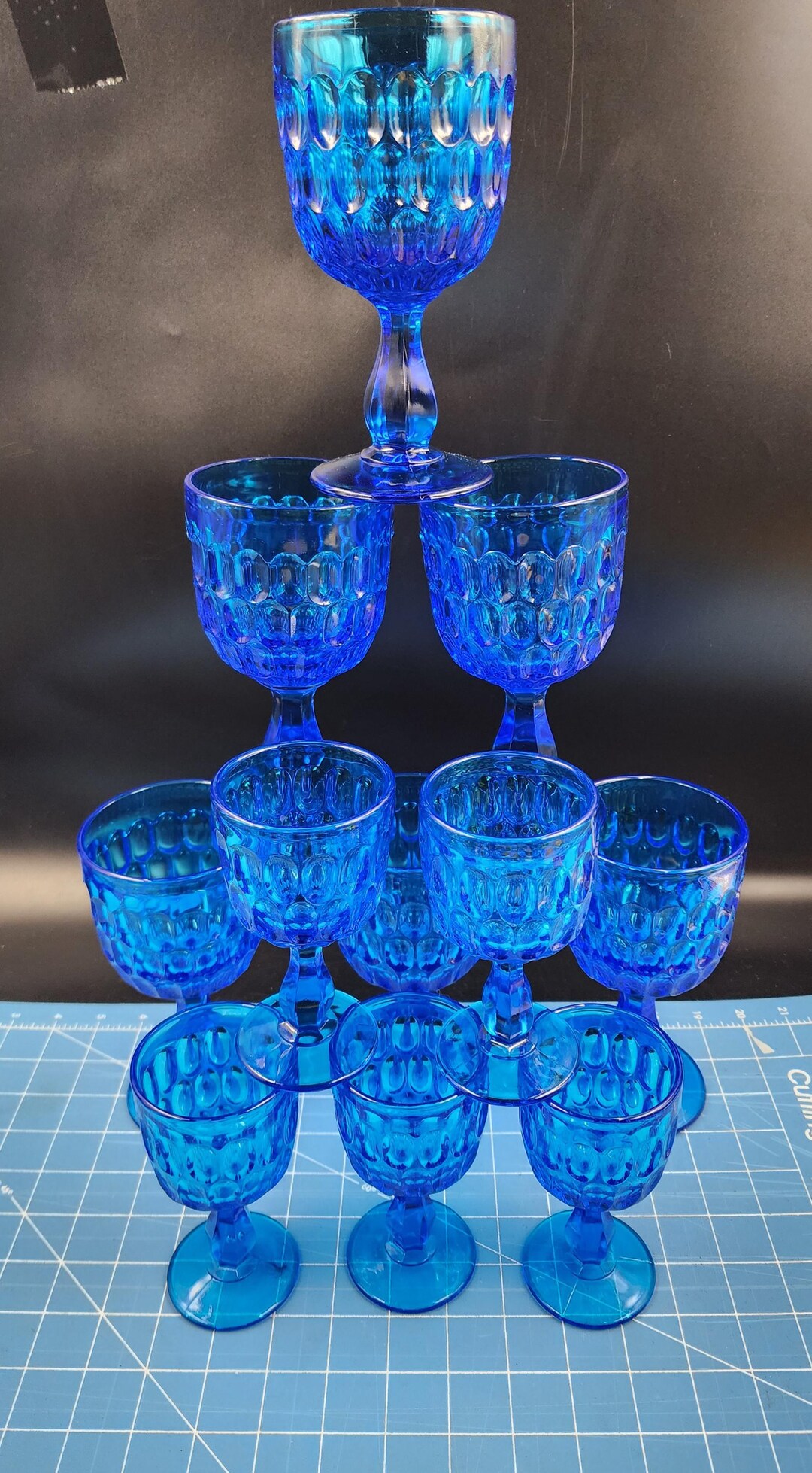 Set of Eleven Fenton Thumbprint Glass Rock Crystal Goblet Blue Molded ...