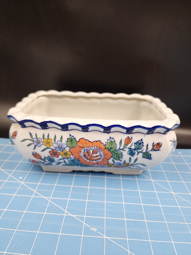Vintage Ceramic Lotus Flower Rectangle Planter Vase 10"w 6.5"d 4" Tall ...