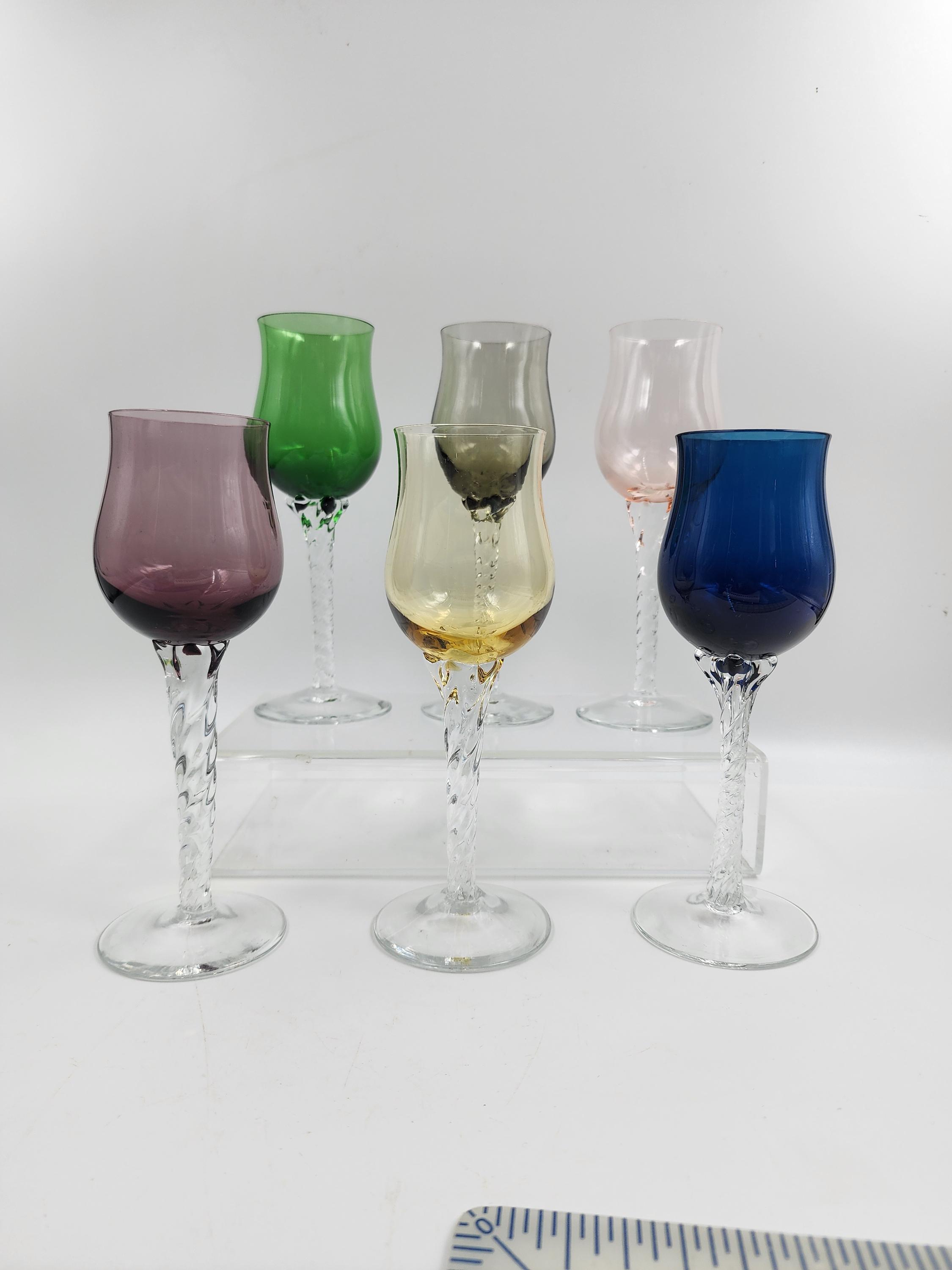 6 Vintage 1960s Wine Glass Multi Color Clear Twisted Stem Green Blue ...
