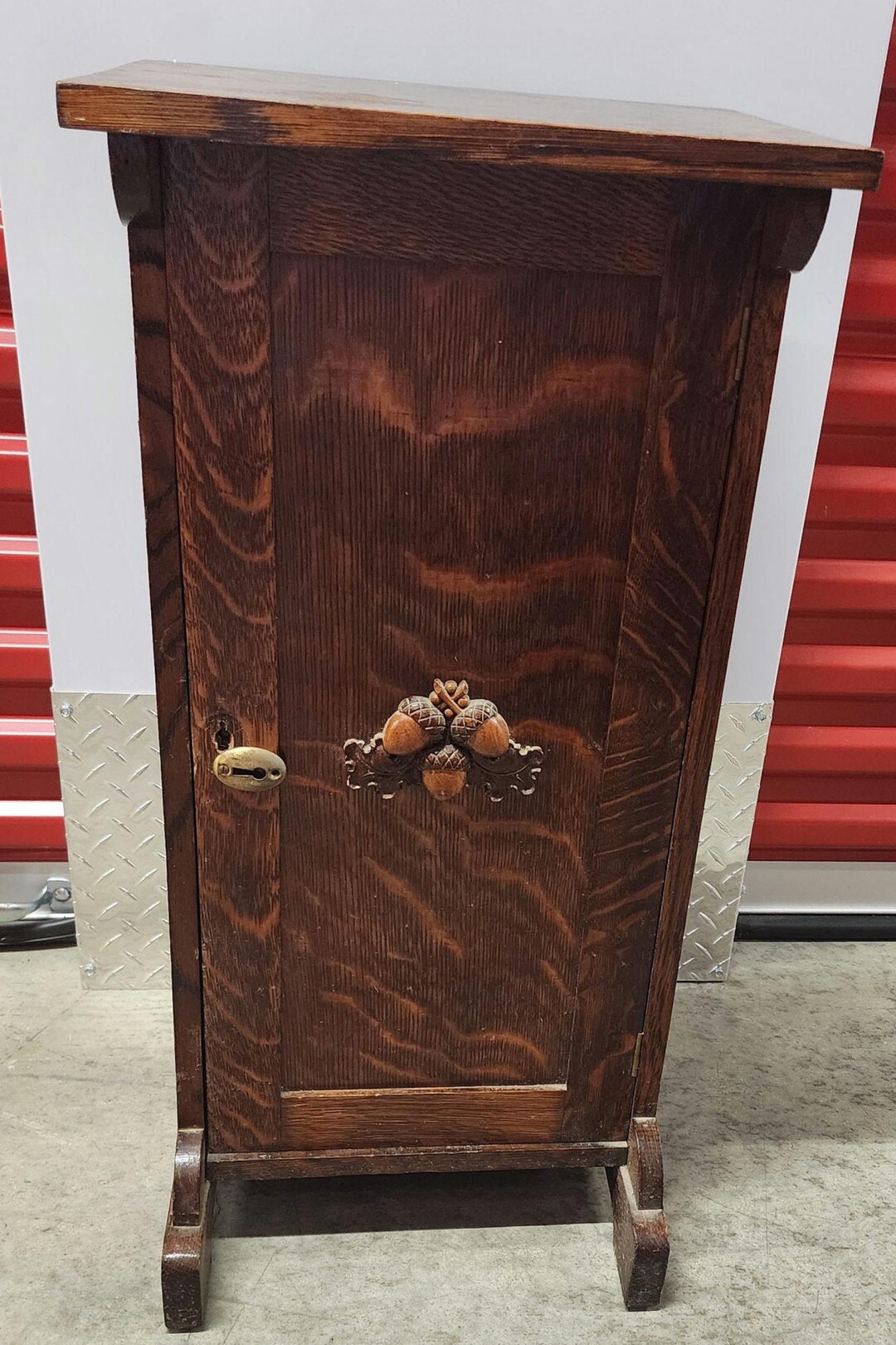 Antique Small Cabinet Cupboard Tiger Oak Acorn Details 30" Tall Base 14 ...