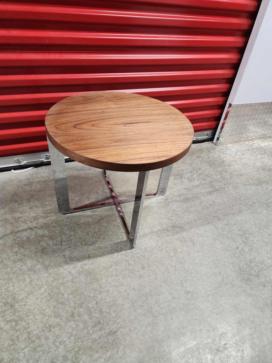 Vintage Modern Round End Table Coffee Table Walnut Chrome Metal Cross ...