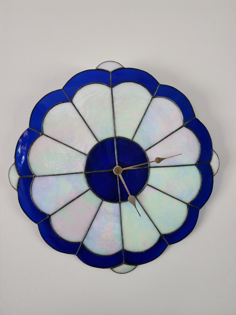 Vintage Stained Glass Wall Clock Blue White Daisy 13.5 - Etsy
