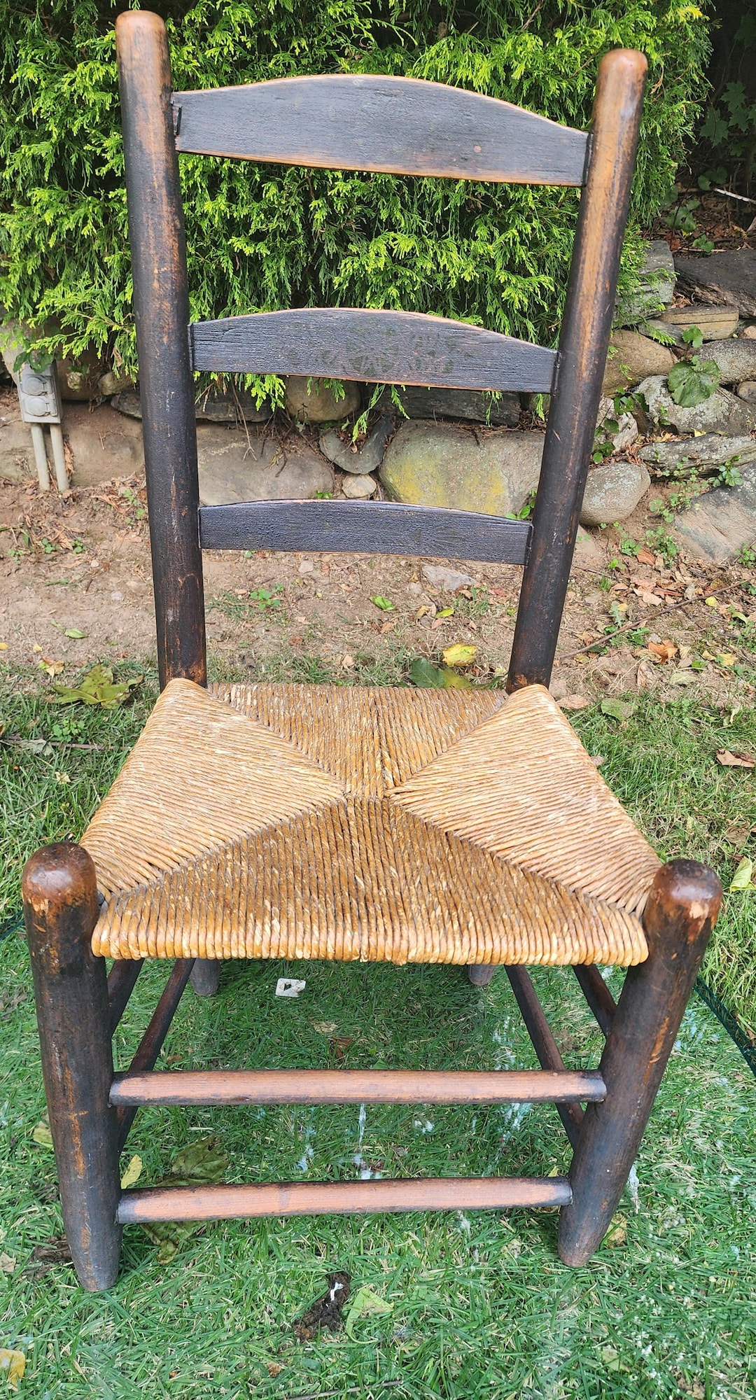 Antique Early American Ladder Back Shaker Chair Oak Wedge Rails Rose ...