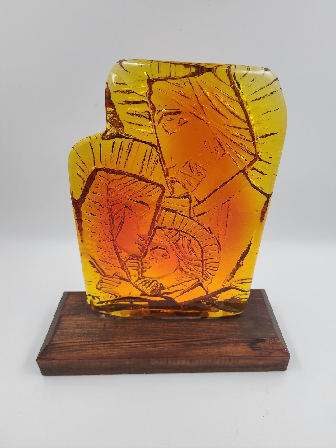 Blenko Art Glass Holy Family Design Don Shepard Amber Sculpture Molded ...