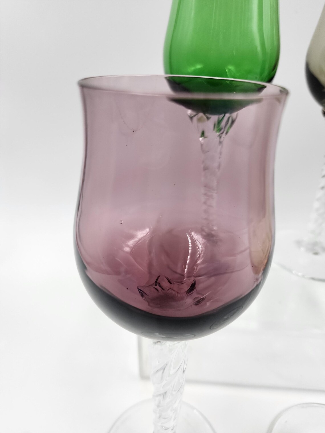 6 Vintage 1960s Wine Glass Multi Color Clear Twisted Stem Green Blue ...