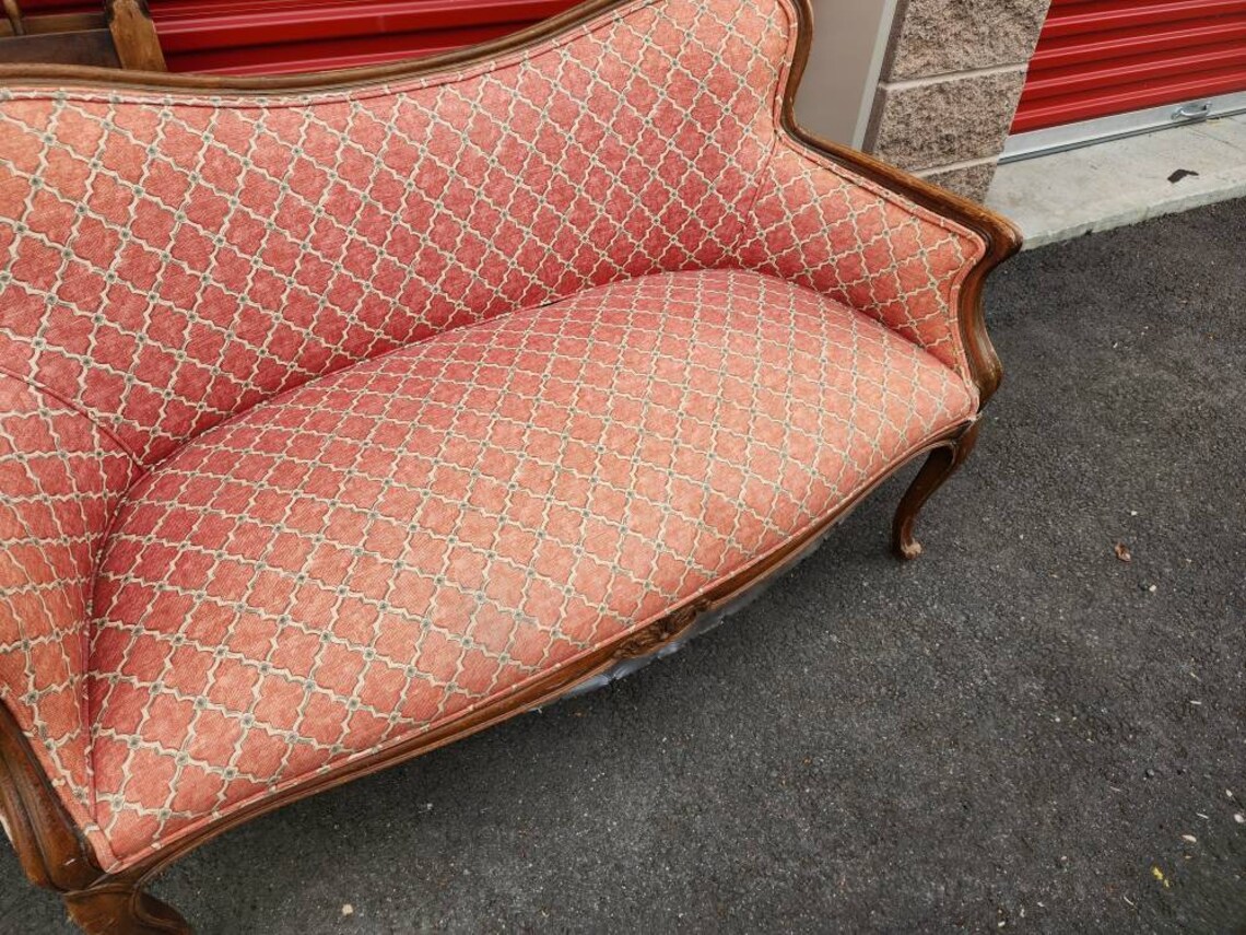 Antique French Settee Bench Love Seat Carved Spring Bottom Faded ...