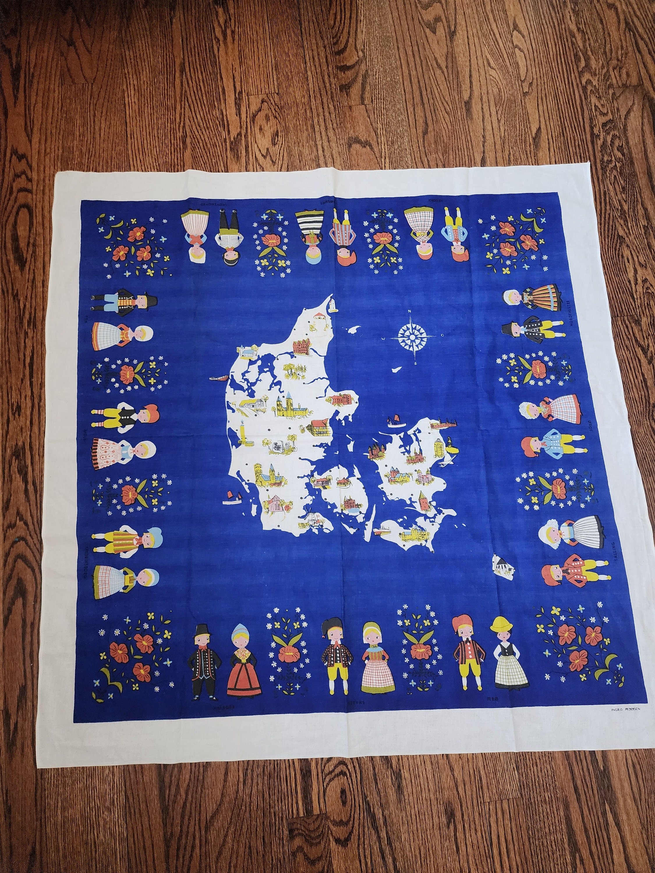 Ingrid Pedersen Vintage Denmark Map Lining Folk Costumes Print 38sq - Etsy