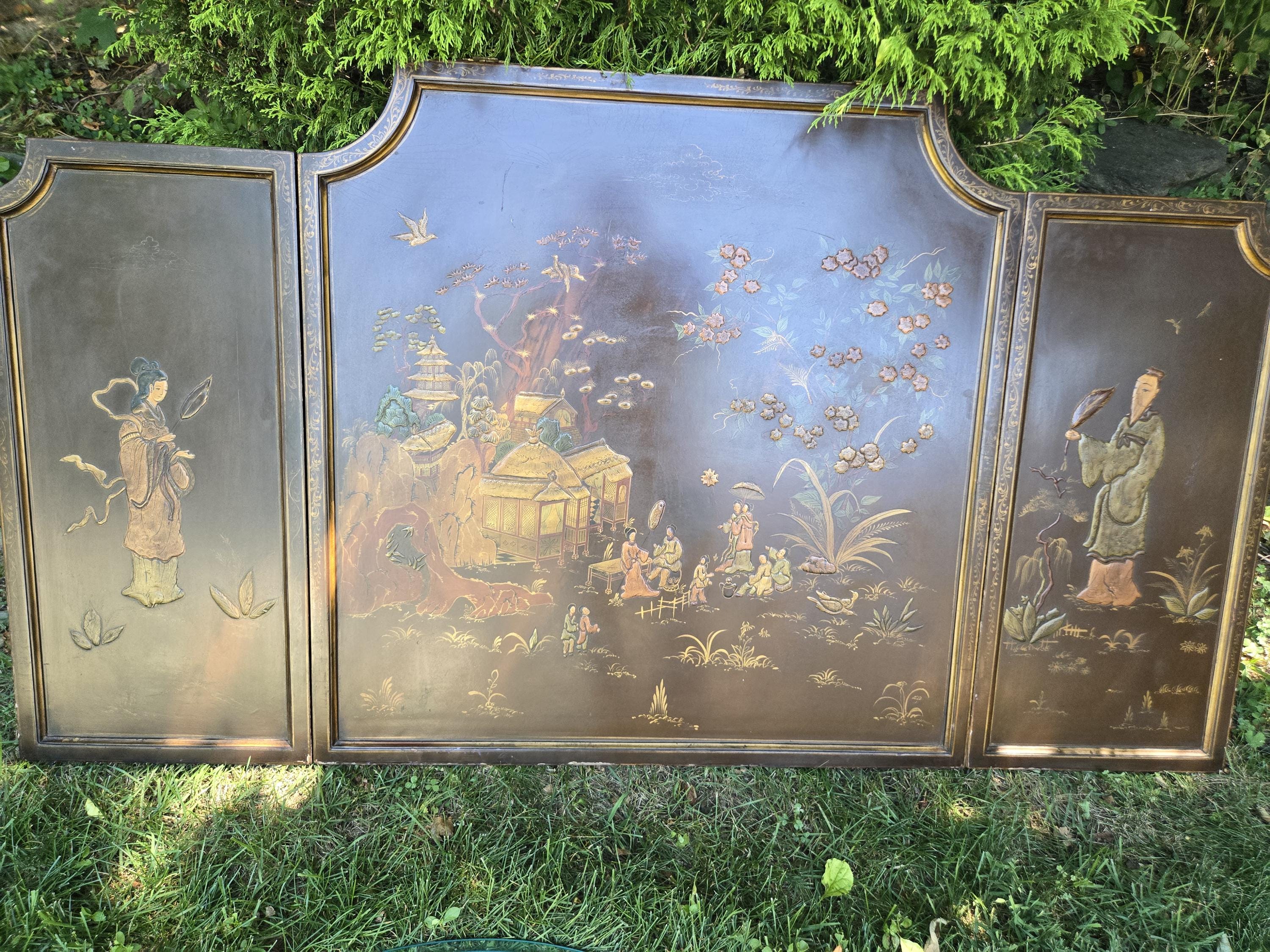 Antique Folding 3 Screen Room Divider Made in Scoul Korea Raised Panel ...