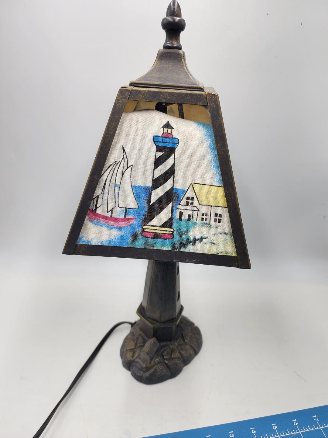 Working Vintage Cast Brass Lighthouse Lamp With Fabric/ Plastic Shade ...