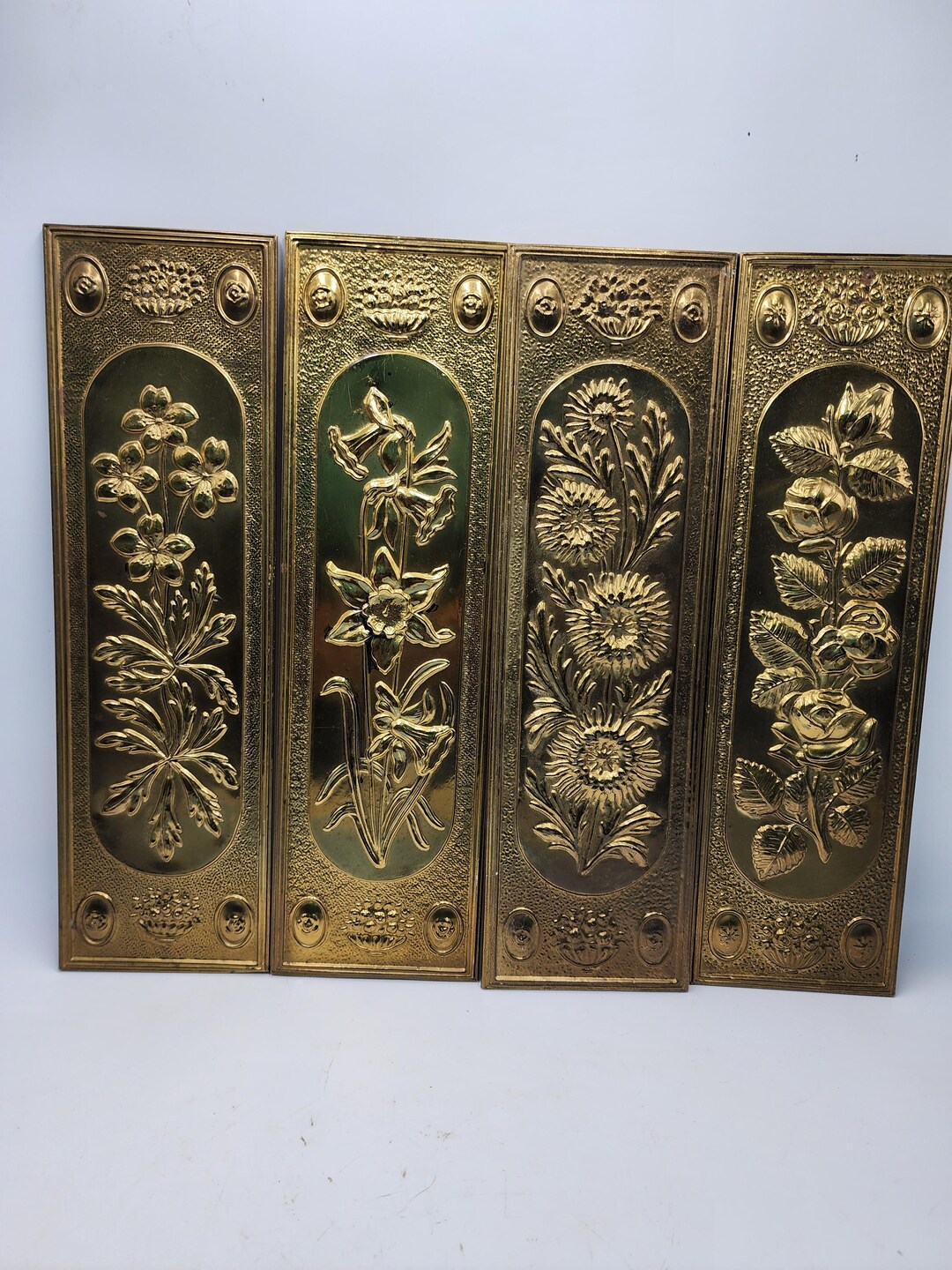 4 Vintage Floral Embossed Brass Tin Wall Plaque Hanging 14.5x4.25in - Etsy