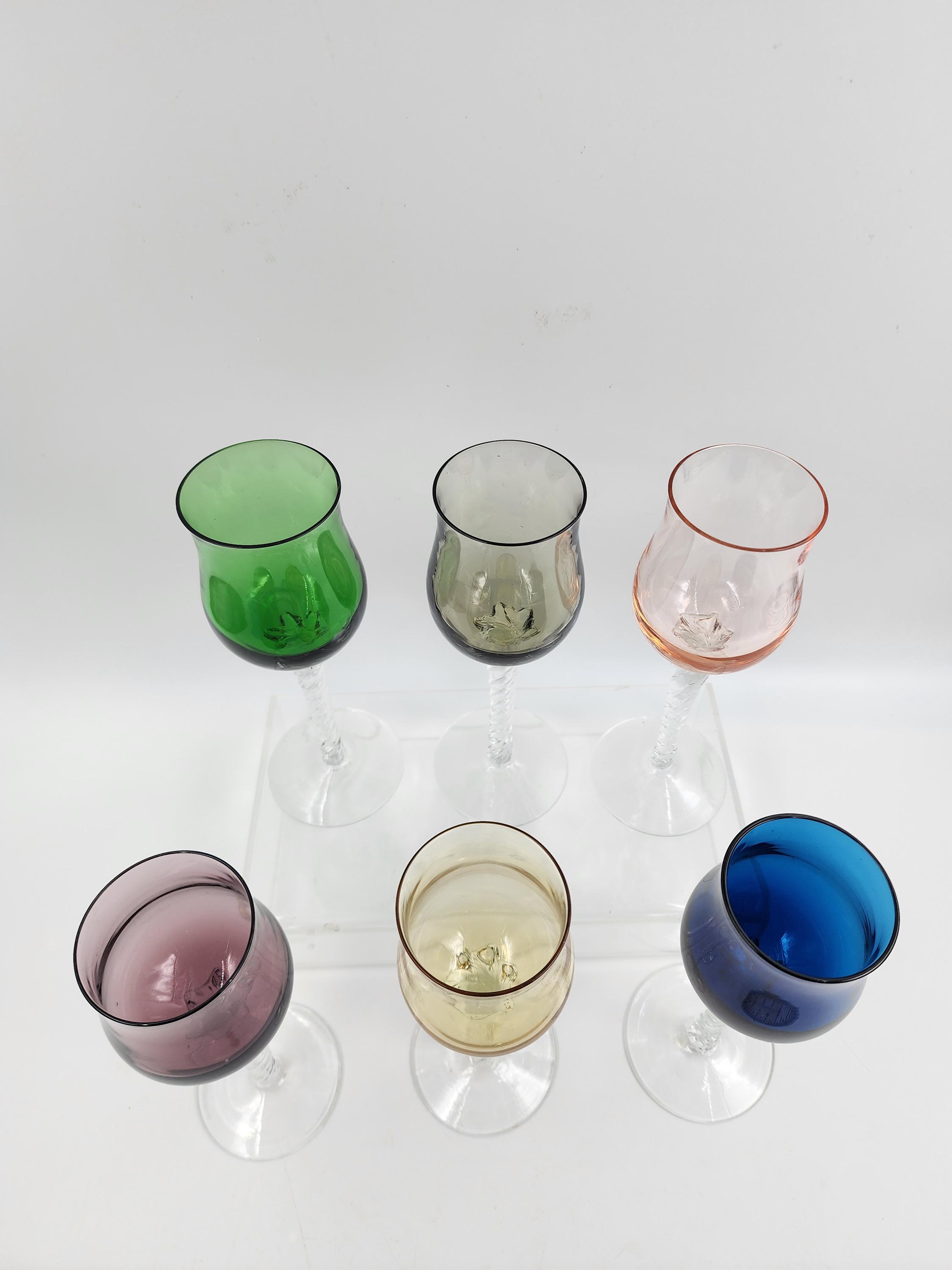 6 Vintage 1960s Wine Glass Multi Color Clear Twisted Stem Green Blue ...