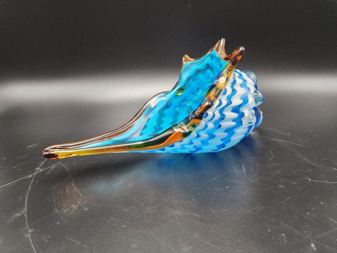 Mid-century Modern Murano Style Conch Shell Blue White Brown 10" Long ...