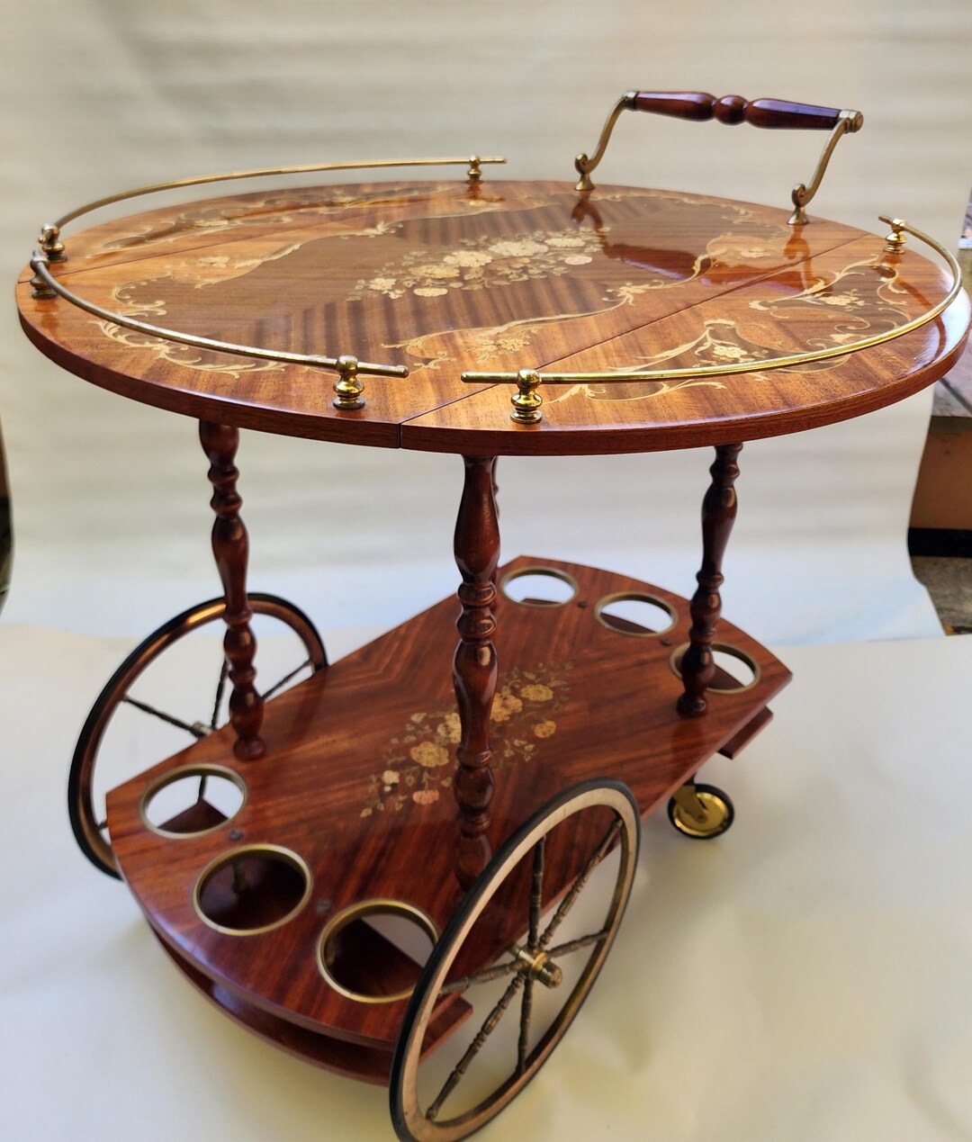 Vintage Italy Inlay Rolling Bar Tea Cart Drop Leaf Sides Notturno ...