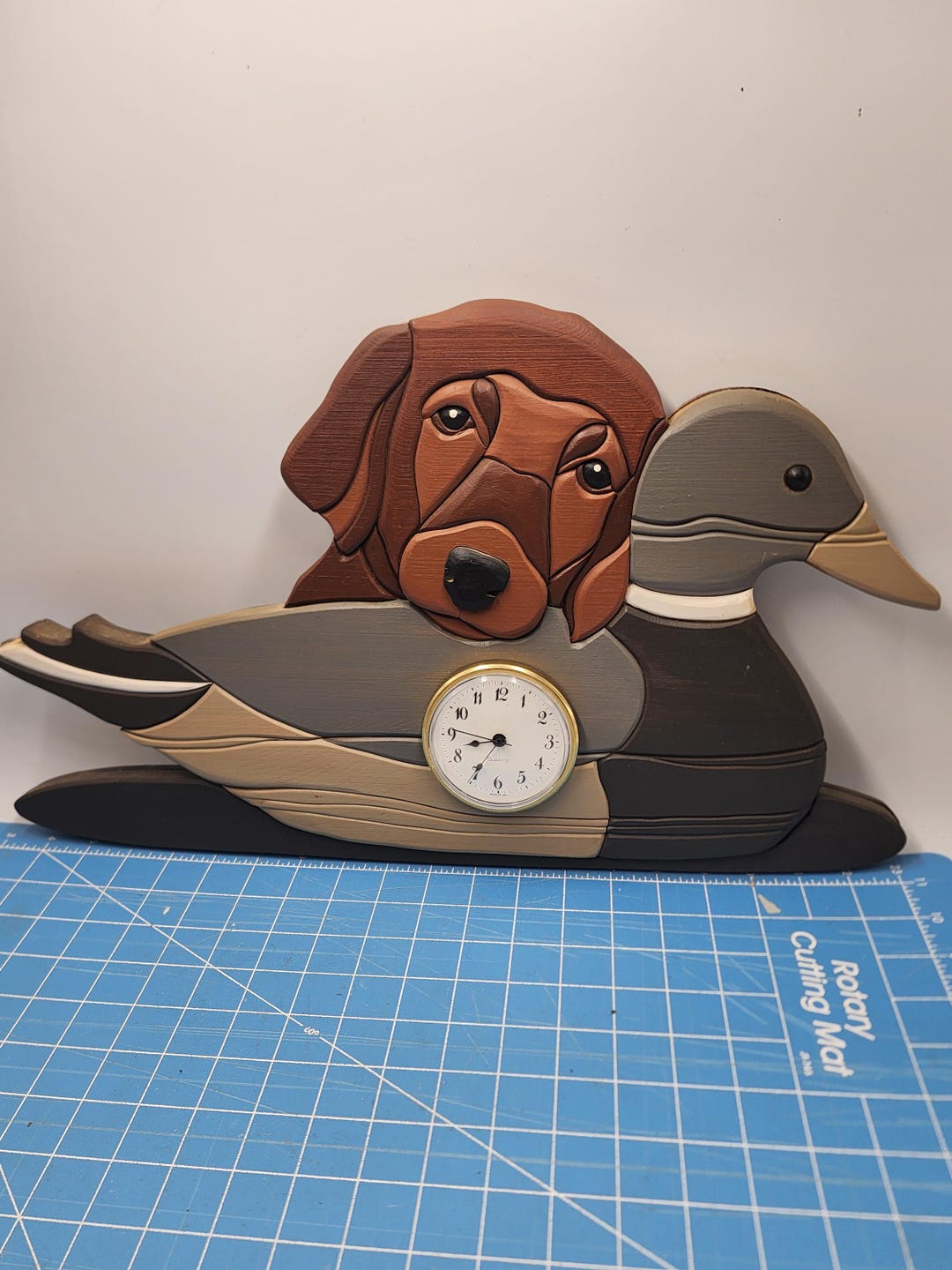 Intarsia Wall Art Labrador Dog and Duck Clock Wood Handmade Marquetry ...