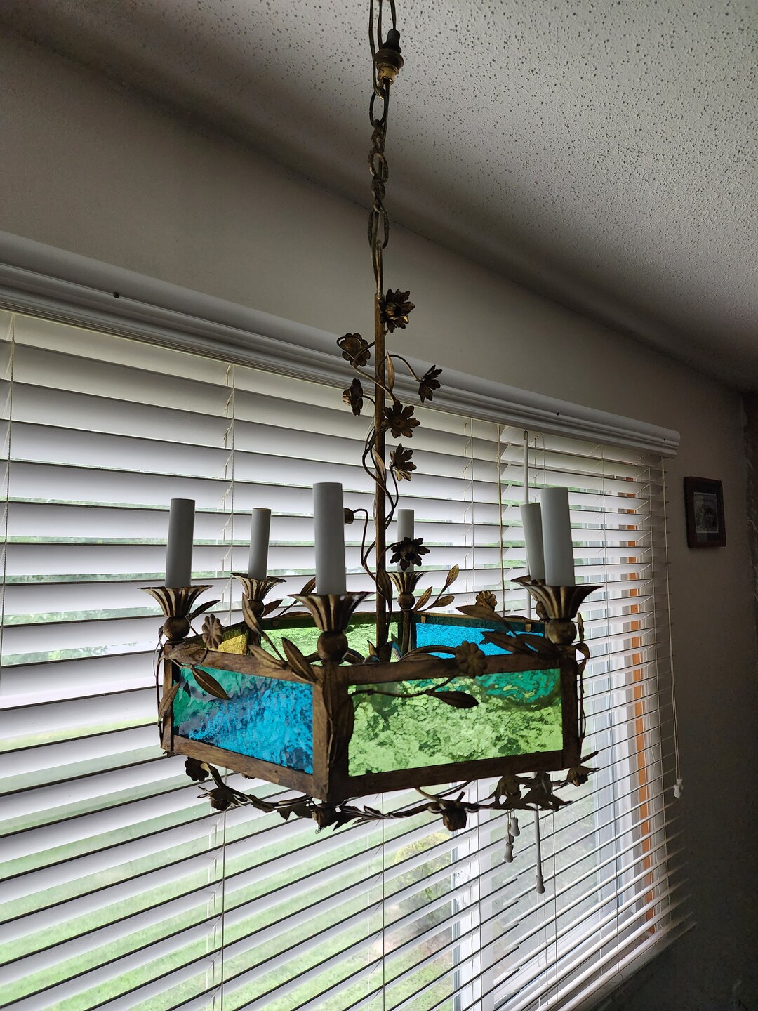 Vintage Italian Stain Glass Lighting Pendant Chandelier 6 Light Gold ...