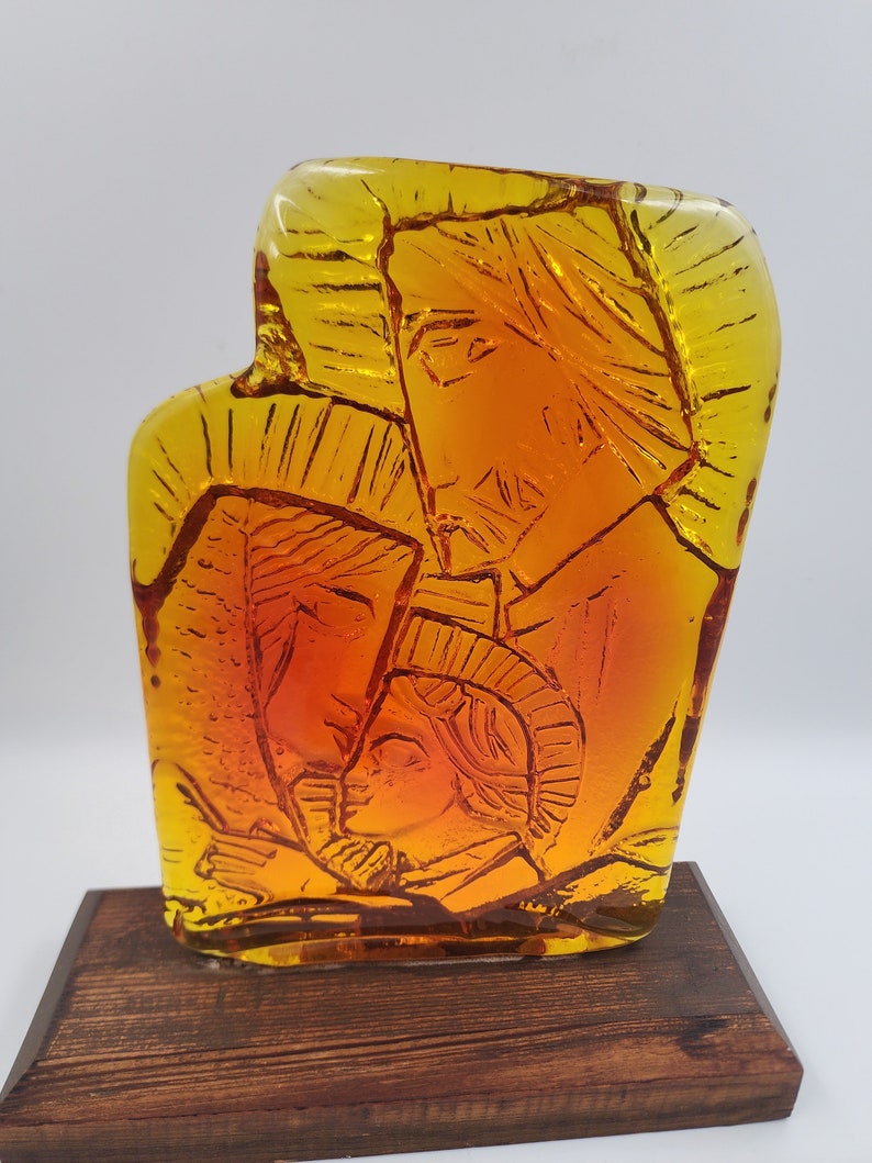 Blenko Art Glass Holy Family Design Don Shepard Amber Sculpture Molded ...