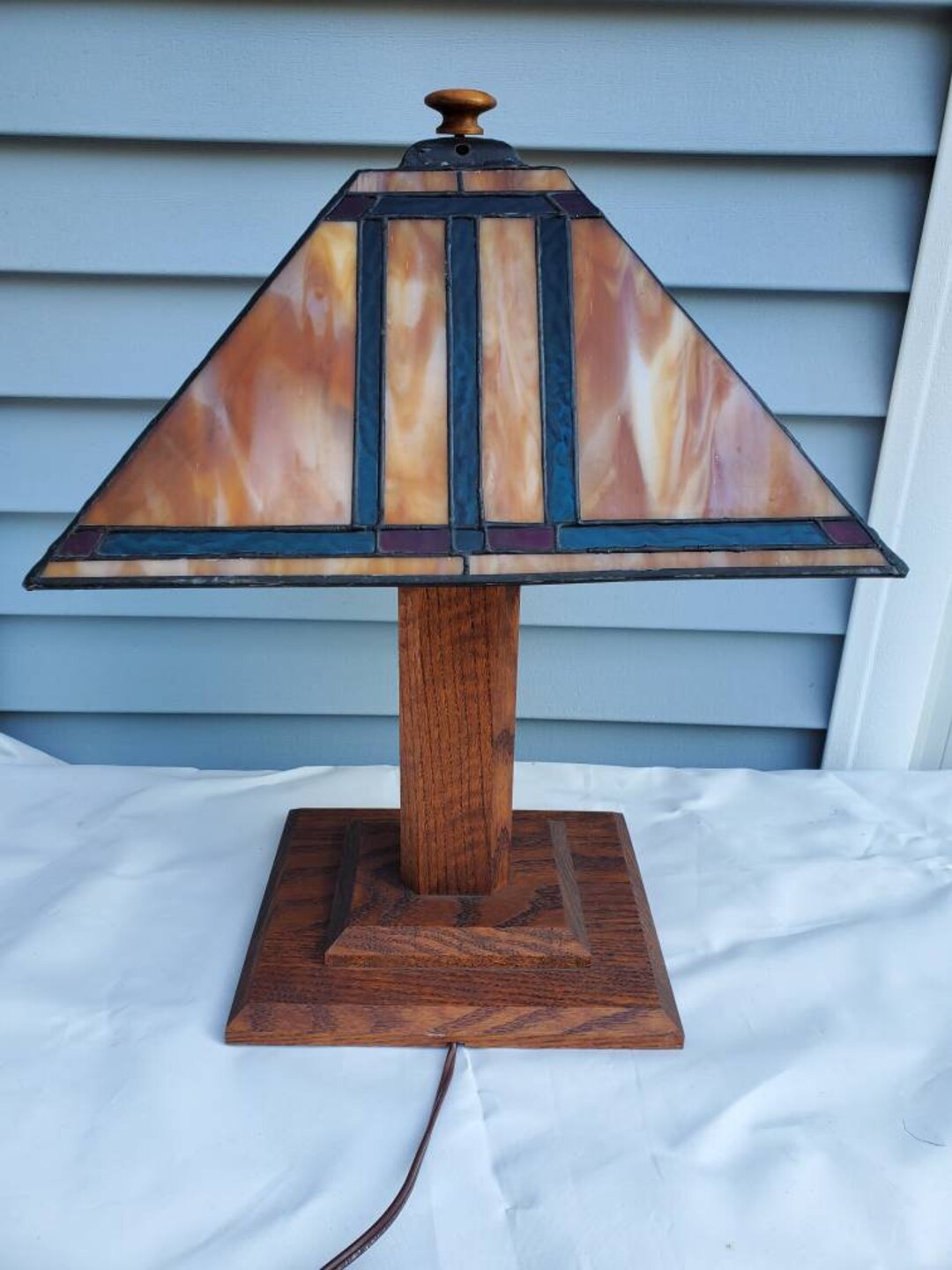 Vintage Arts and Crafts Mission Style Table Lamp Oak Base Stainglass ...