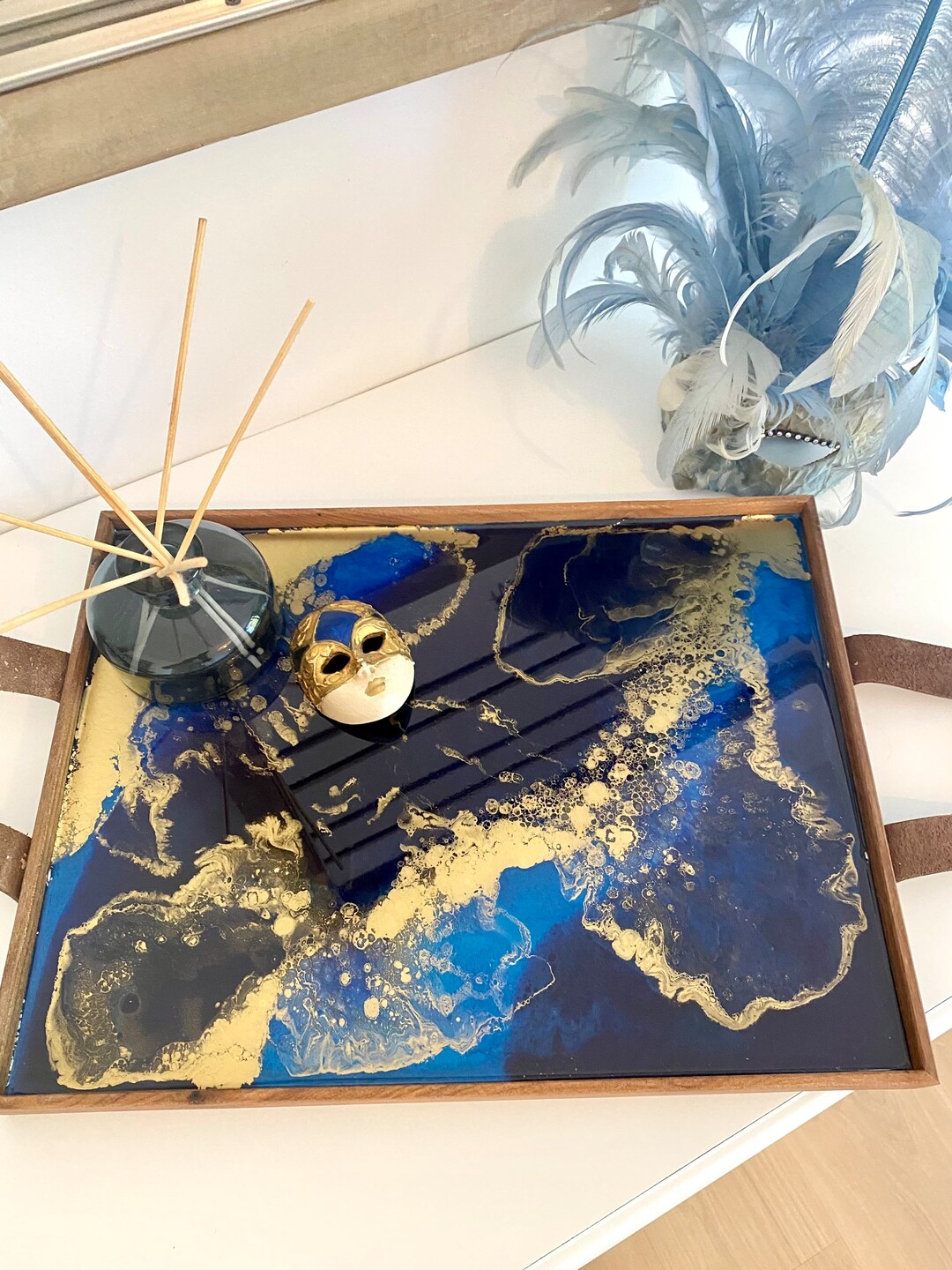 Wooden Tray Covered With Resin Colored in Blues and Gold - Etsy Singapore